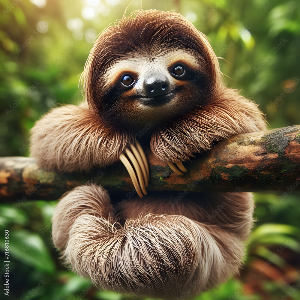 Cute sloth hanging on tree branch with funny face look wild animal ...
