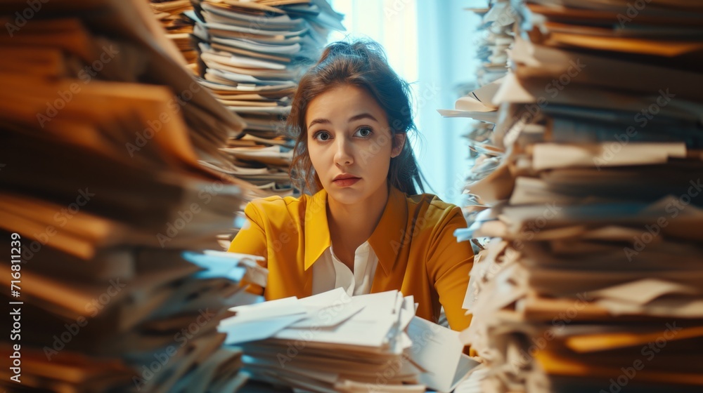 Professional young woman intently reviewing documents amid towering ...