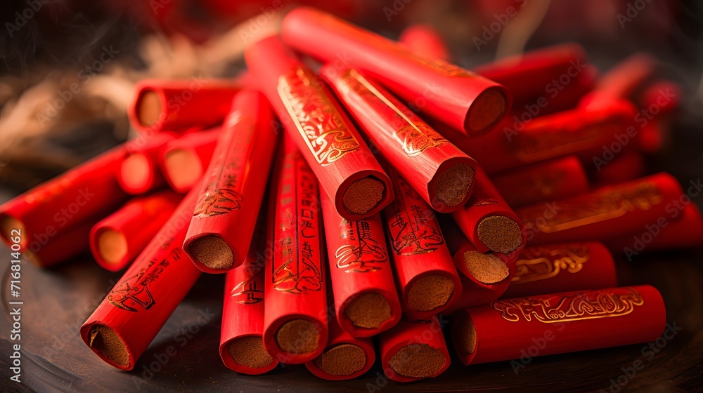 Festive celebration with red Chinese lanterns, firecrackers and lion ...