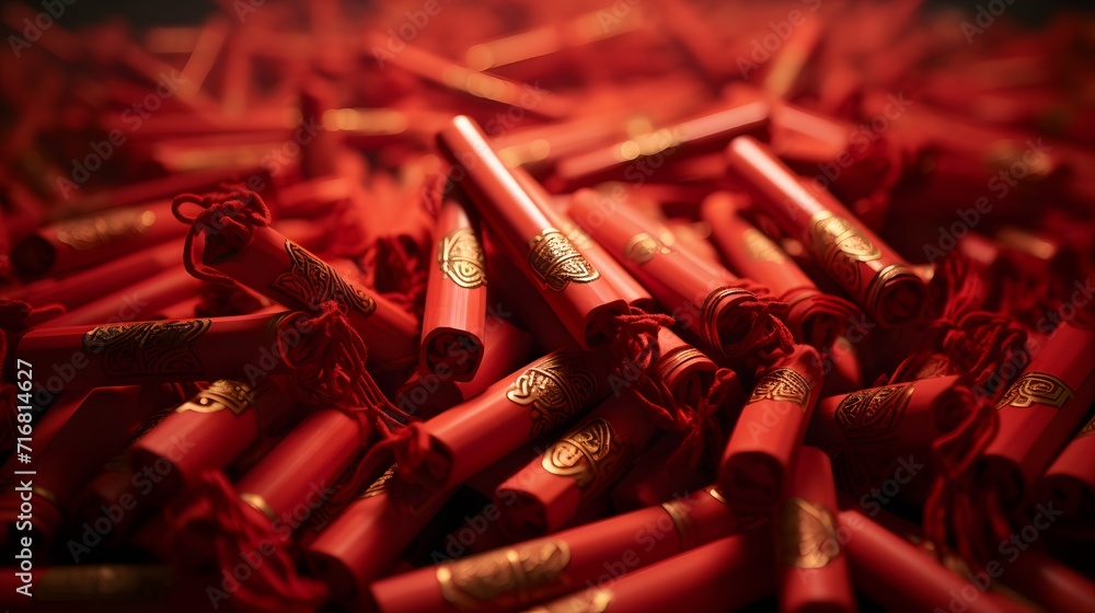 Festive celebration with red Chinese lanterns, firecrackers and lion ...