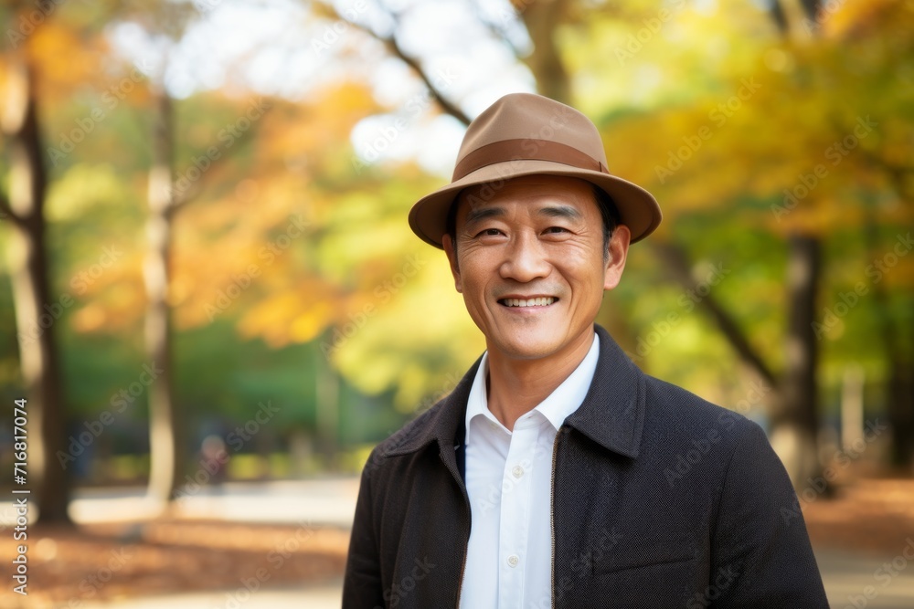 Portrait of a grinning asian man in his 50s donning a classic fedora ...