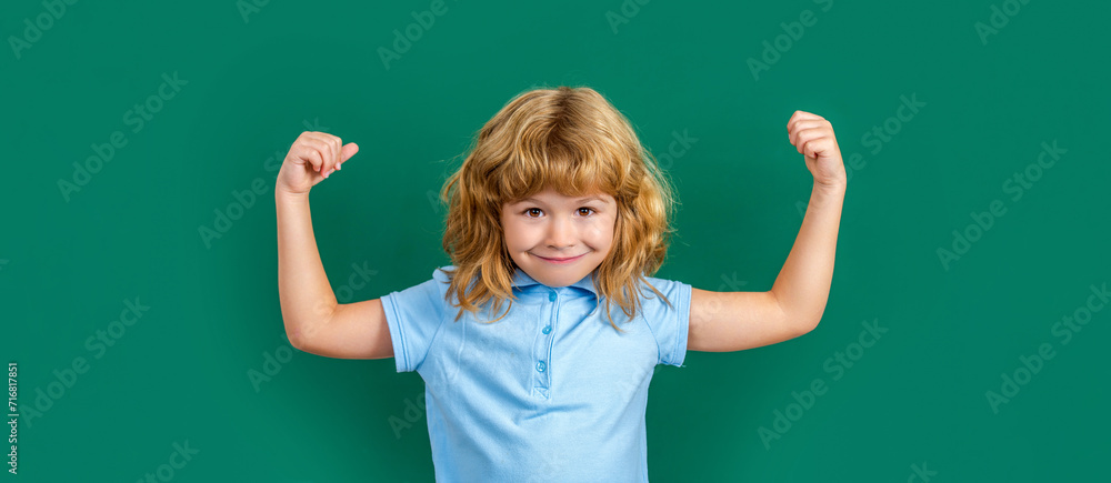 Funny little power super hero kid showing muscles. Strength, confidence ...