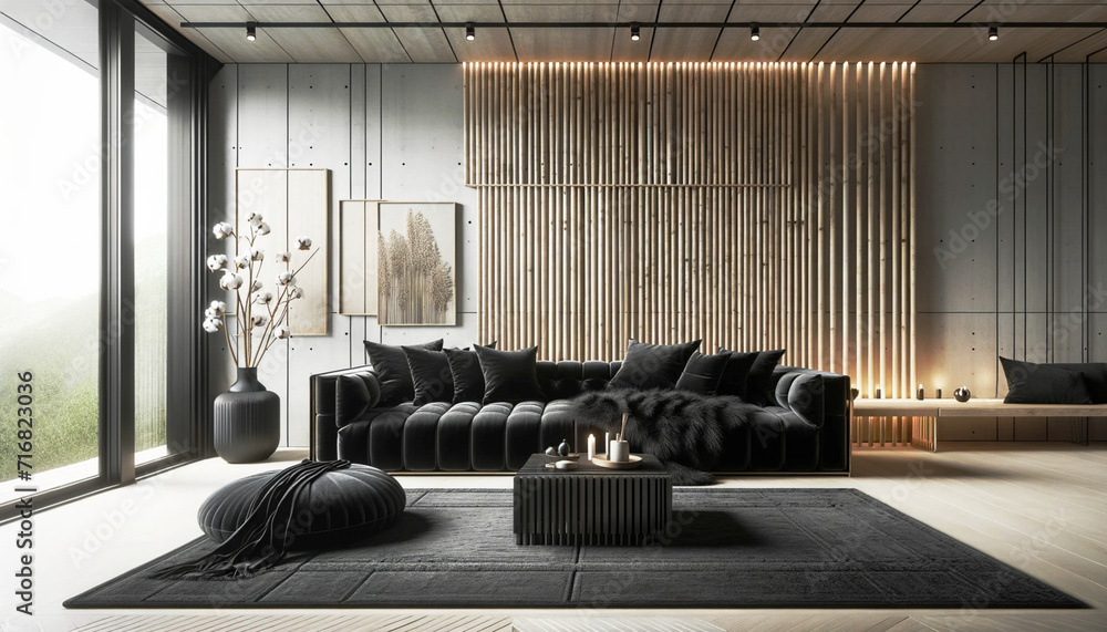 Interior of a chic urban apartment living loom with vertical wooden ...