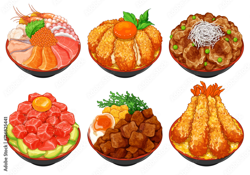 Japanese food donburi set menu illustration vector. Japanese rice bowl ...