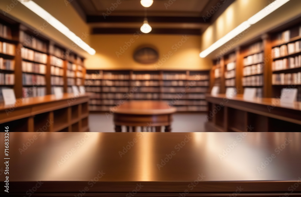 Empty wooden desk counter. Blurry old library interior with table ...