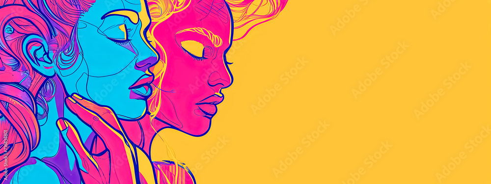 pop art-style illustration featuring side profiles of two women in bold ...
