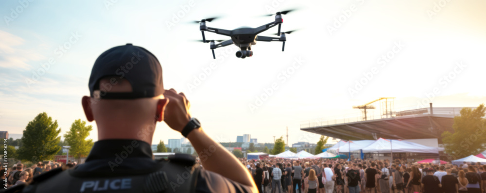 Police officer uses a drone to monitor crowd Control, Cityscape ...