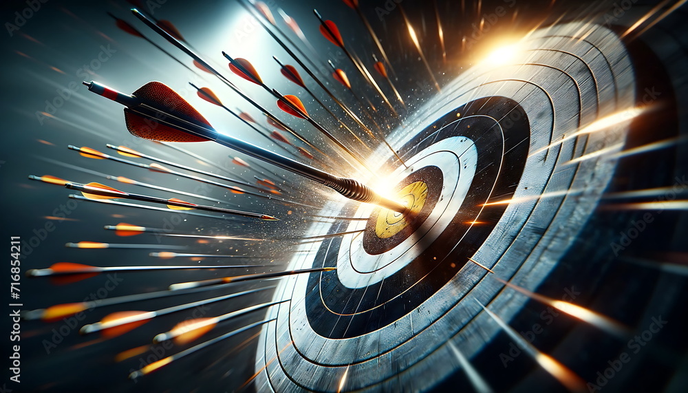 an arrow pierces the center of a bullseye target, capturing the ...