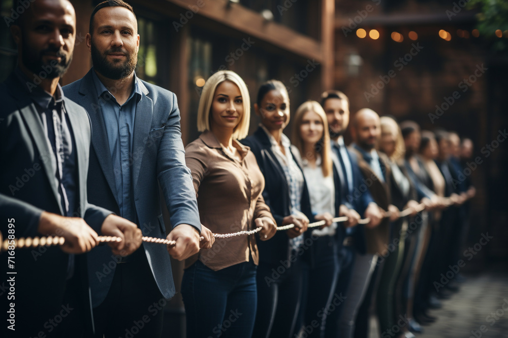 A dynamic scene of a business team engaged in team-building exercises ...