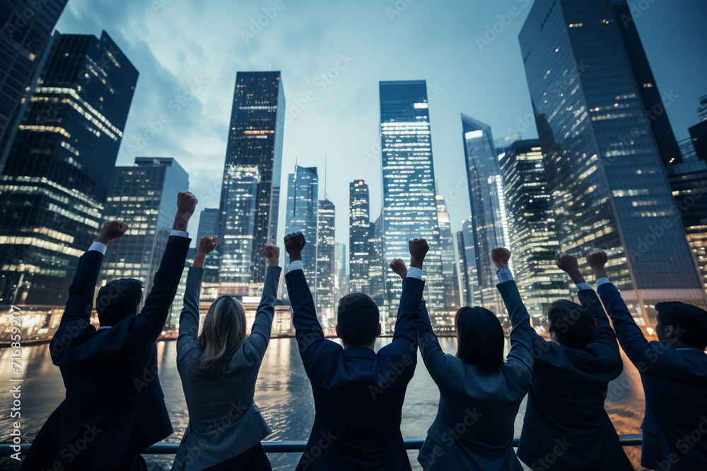 A visually striking scene of a business team celebrating achievements ...
