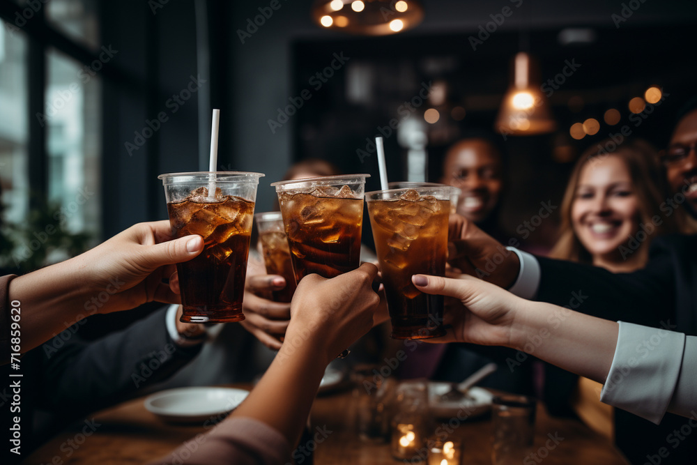 A celebratory scene of a business team clinking cups of iced coffee ...