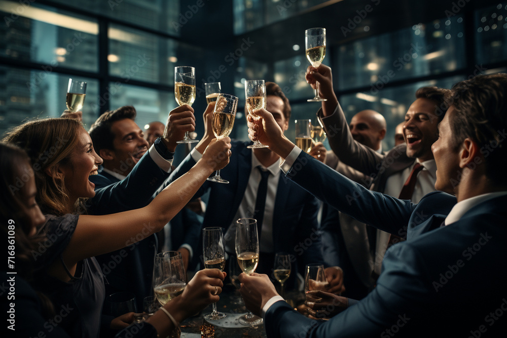 A celebratory scene of a successful business team toasting with ...
