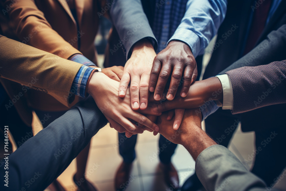 A dynamic portrayal of a team huddle, members joining hands and forming ...