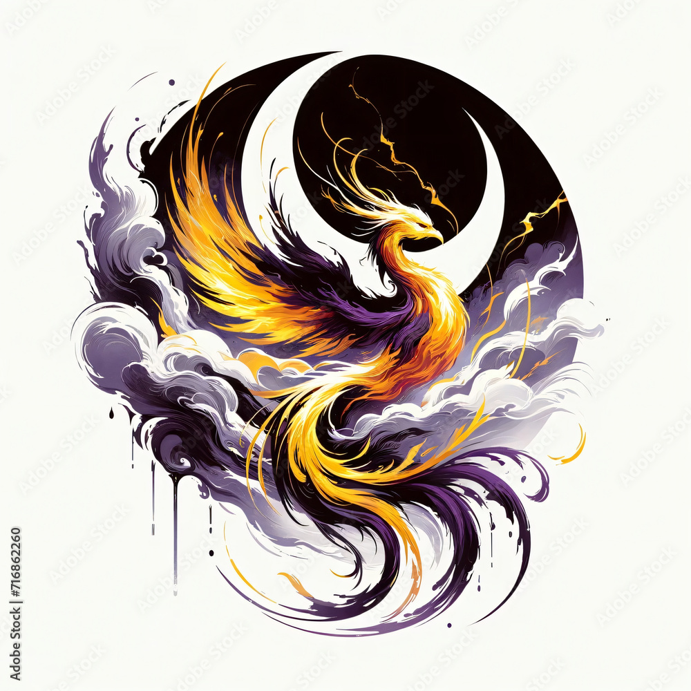 Logo tattoo bird phoenix lighting and crescent moon concept Chinese art ...