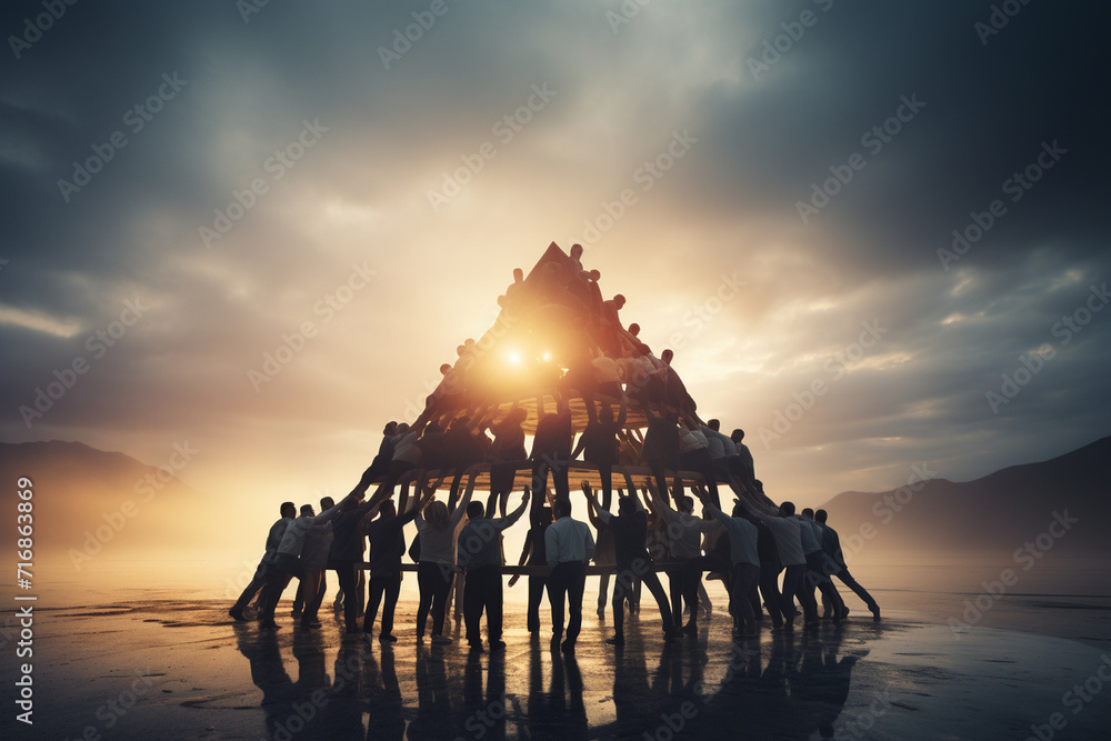 A powerful image capturing a business team lifting each other up, hands ...