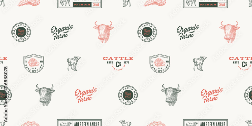 Hand Drawn Cows Illustrations and Typography Lettering Vector Seamless ...