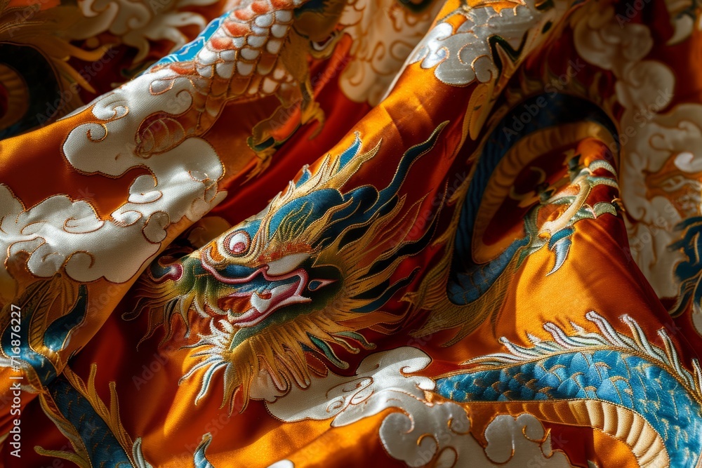 Thick Bhutanese silk texture with traditional dragon pattern, natural ...