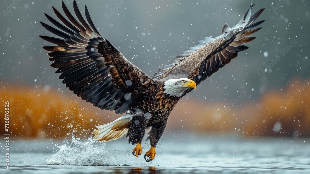 a bald eagle landing on a body of water with it's wings spread wide ...