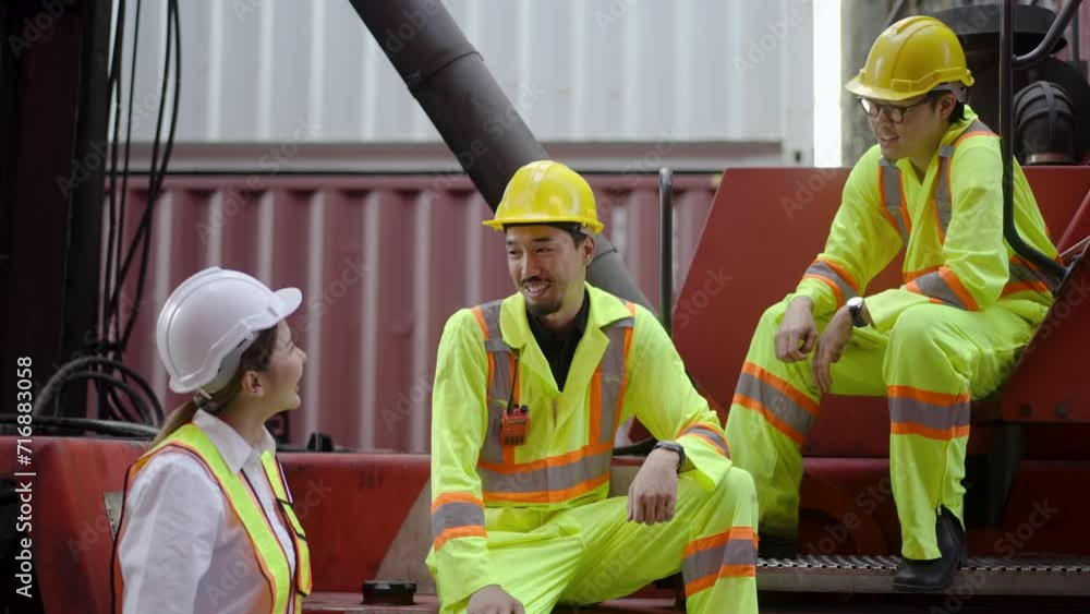 T้hree people asian construction workers happy sit and rest in the ...