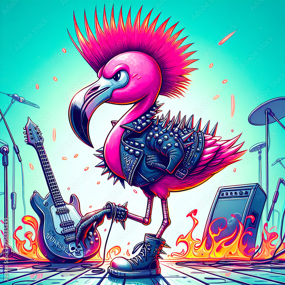 Pink flamingo with a mohawk hairstyle made of red feathers. The ...