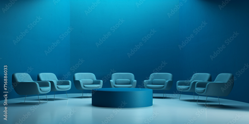 groups of chairs in a room with blue background, Seating Harmony ...