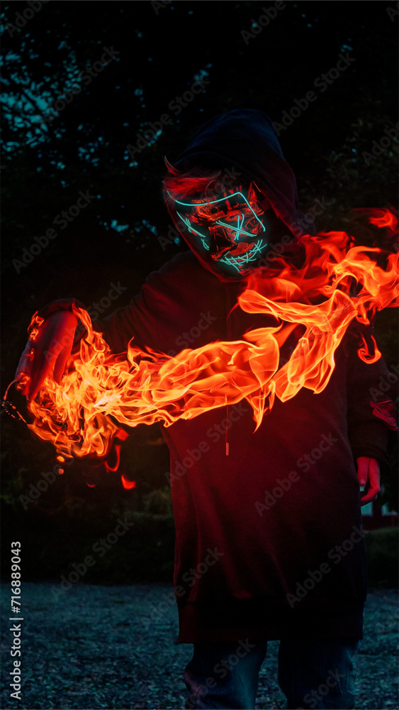 Burning hands with neon mask. Awesome and epic photo of a 10 year old ...