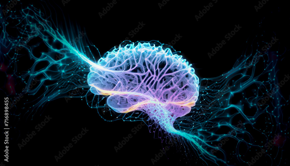 Abstract human brain neural network by colorful light particles flowing ...