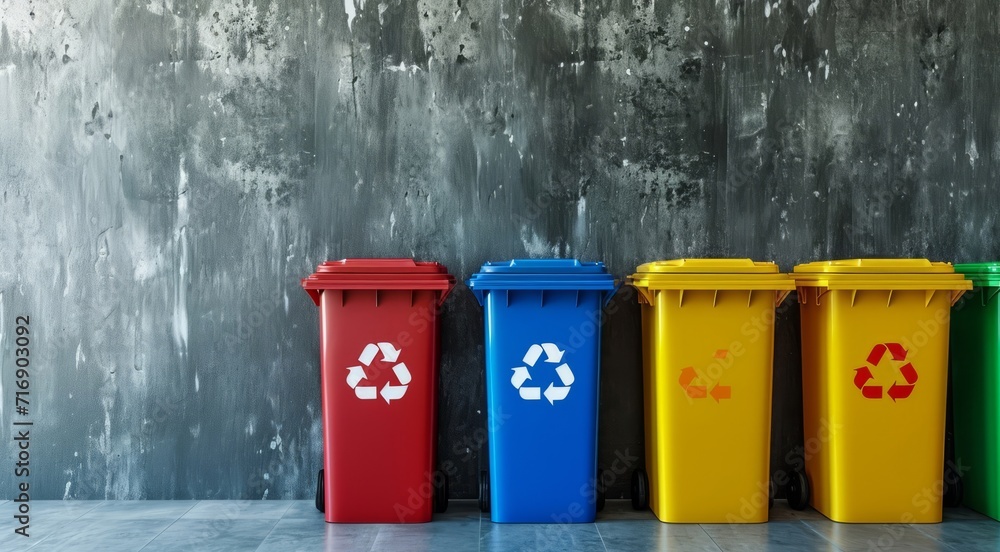 recycling bins standing side by side, each labelled with a different ...