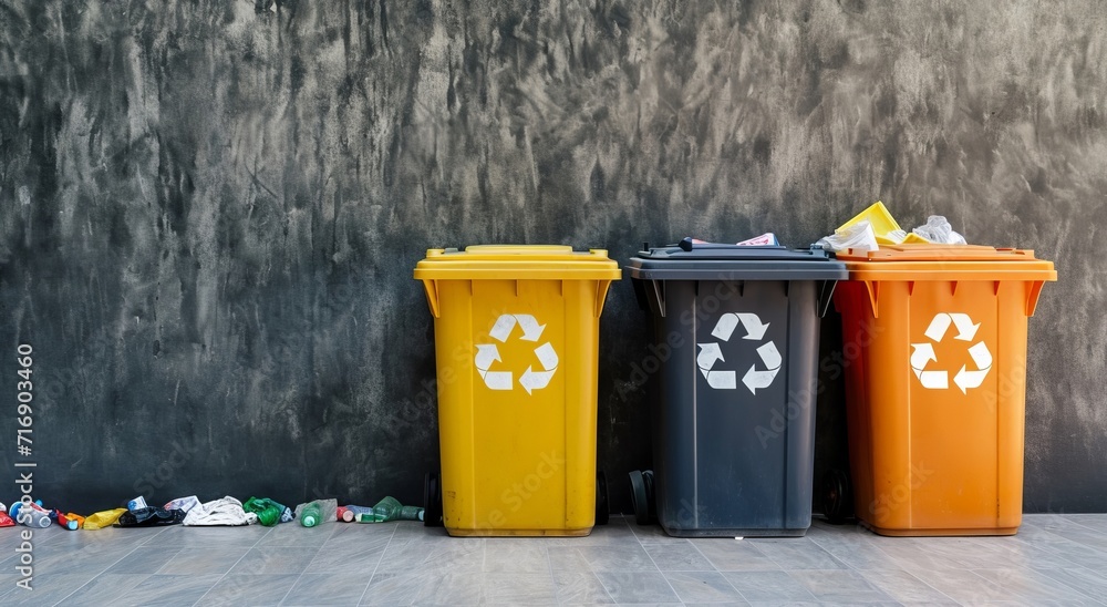 recycling bins standing side by side, each labelled with a different ...