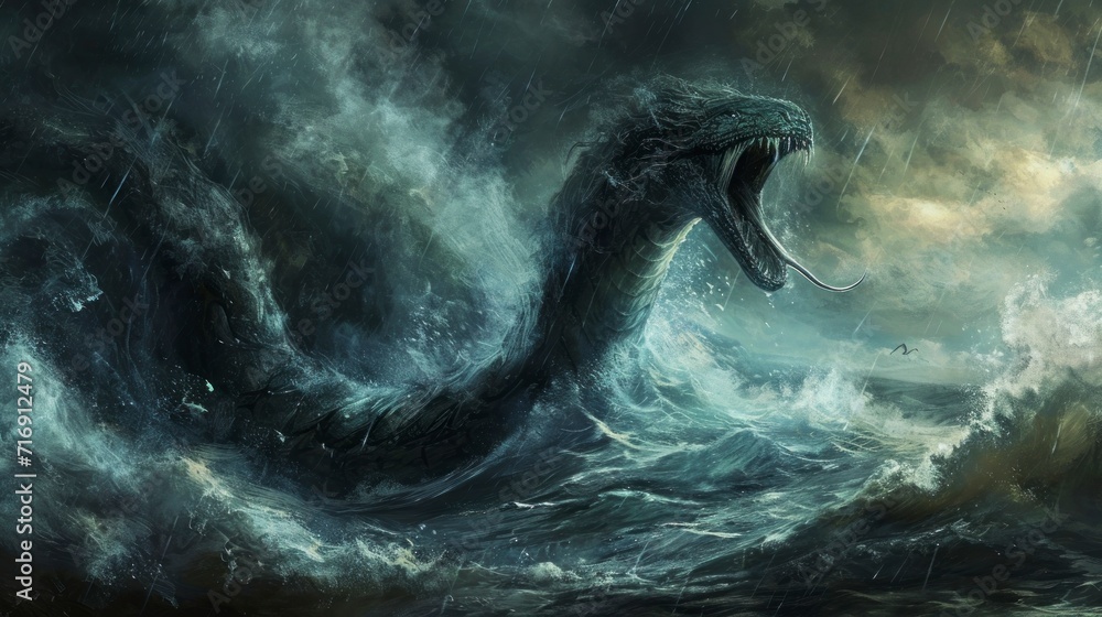 great biblical sea monster leviathan rising from the sea with big waves Stock Illustration ...