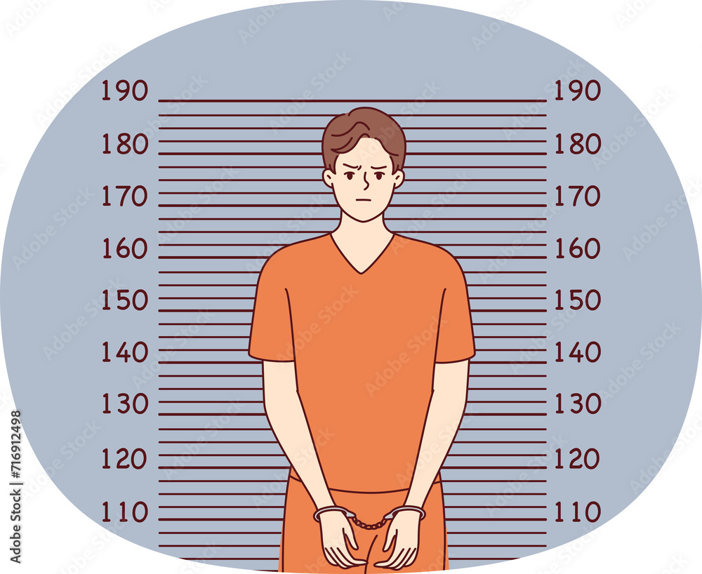 Man in handcuffs and orange clothes stands near lines for measuring ...