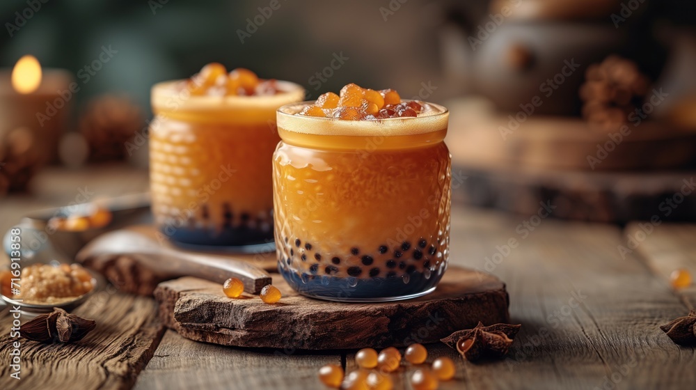 two pitchers of milky bubble tea, milk tea, asian beverage, colorful ...