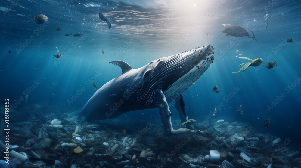 Concept plastic pollution water and human waste, whale floating among ...