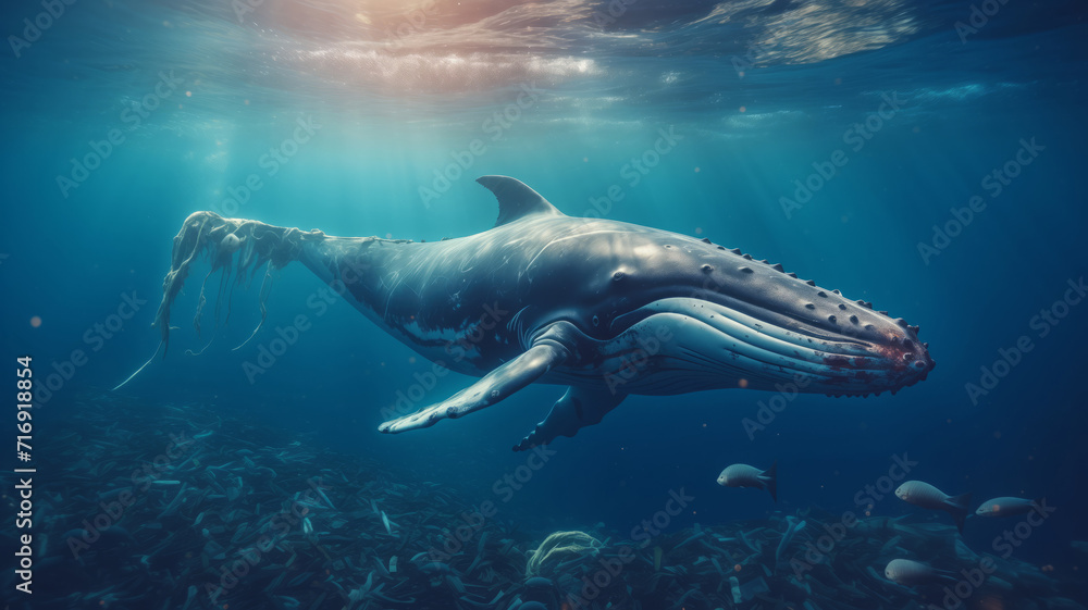 Concept plastic pollution water and human waste. Blue whale floating ...