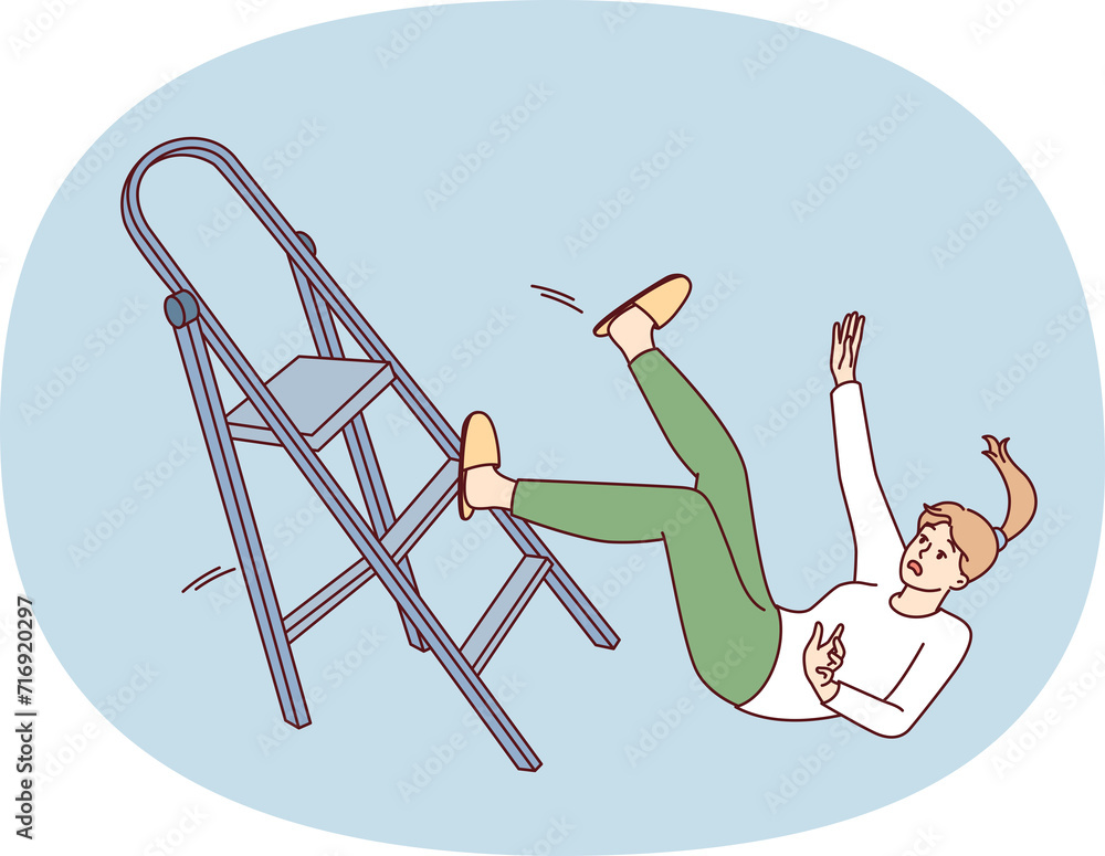 Clumsy woman falls off stepladder during repairs and risks injury and ...