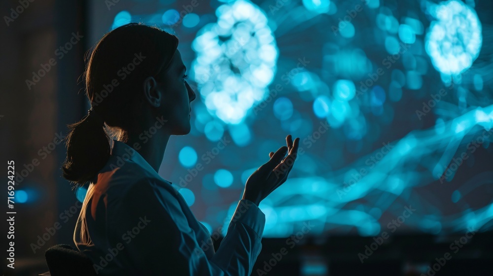 A young woman educator presenting on data science in a dim hall with a ...
