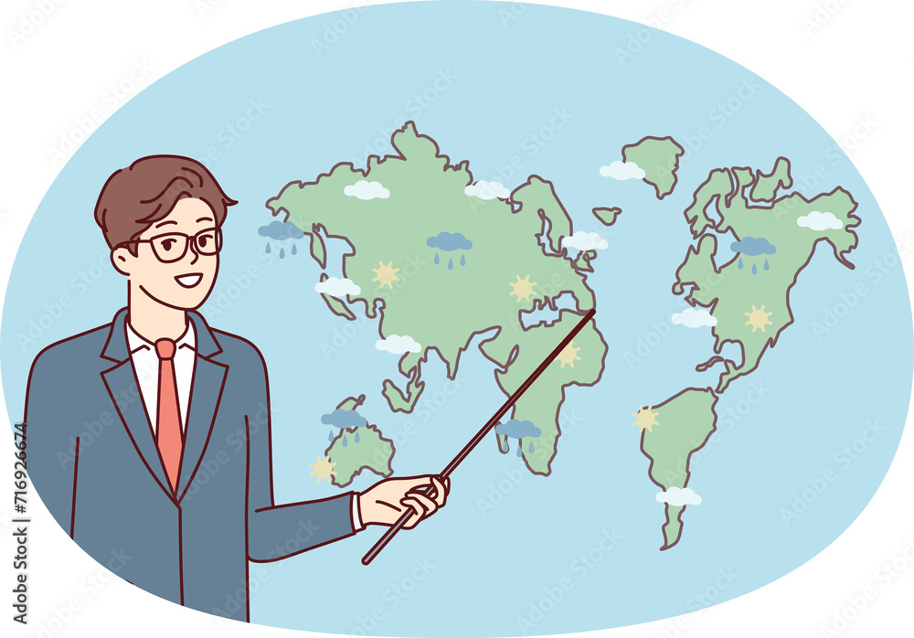 Male weather forecaster showing precipitation prediction map in ...