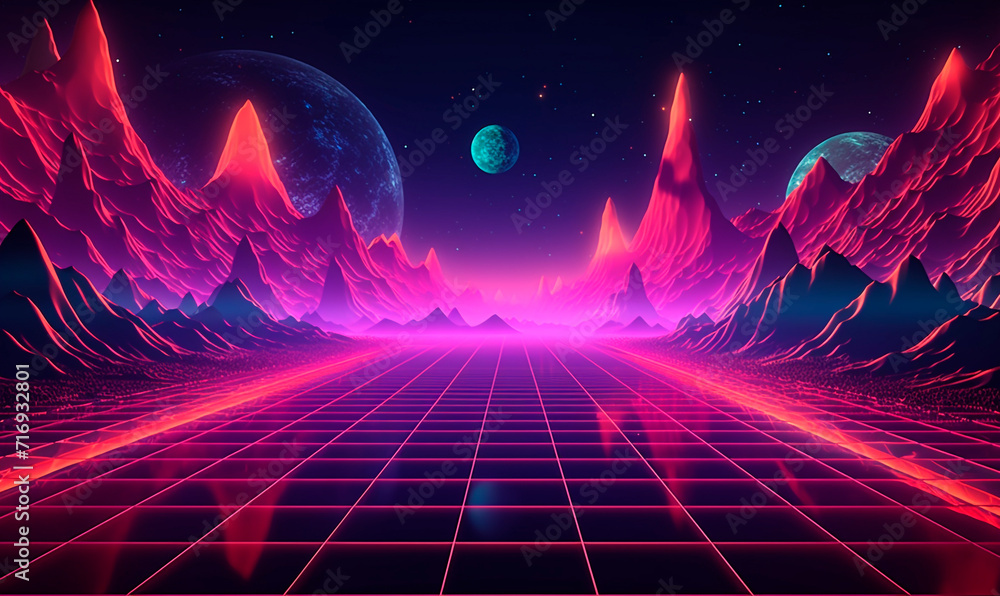 Synthwave mesh neon highway with digital mountains and hills. Glowing ...