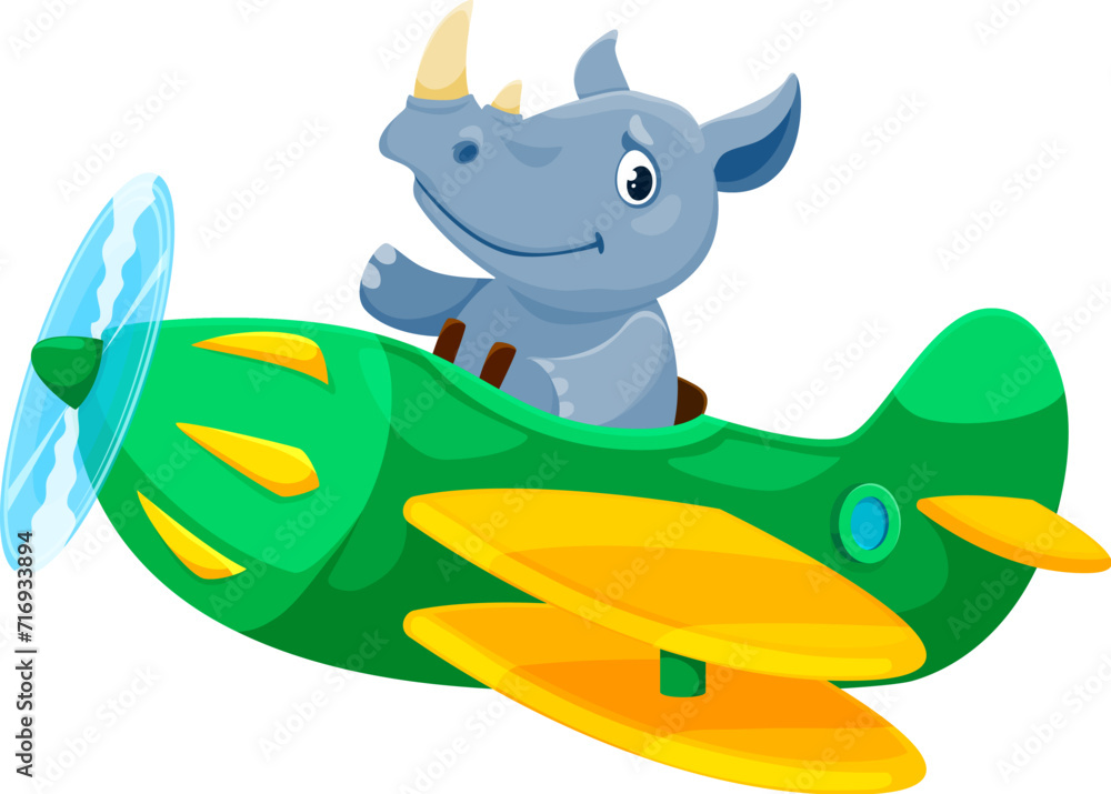 Cartoon rhinoceros pilot on airplane, funny rhino animal aviator in ...