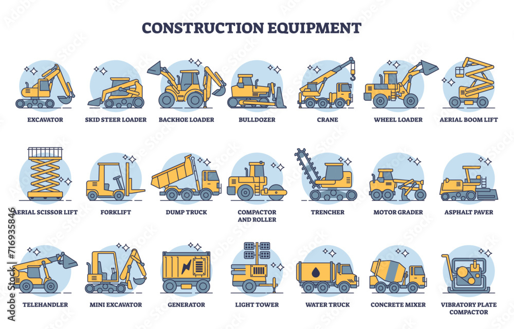 Construction equipment rental and heavy machinery outline icon ...