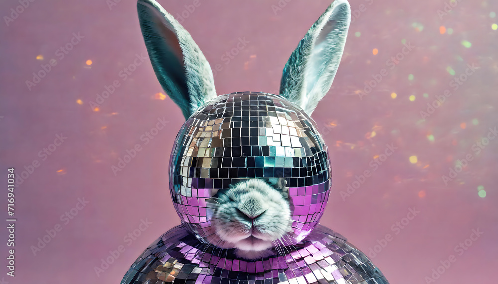 hase, diskokugel, helm, close up, neon, y2k, party, hinetrgrund, flyer ...