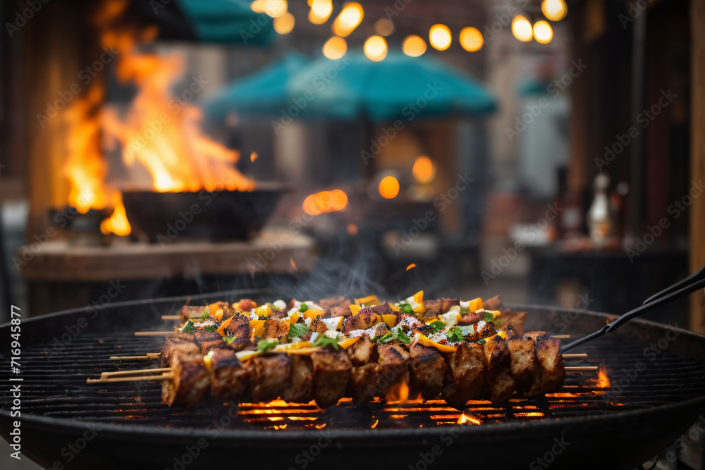 shawarma with fire flame , lamb on a spit. street food. Doner Kebab on ...