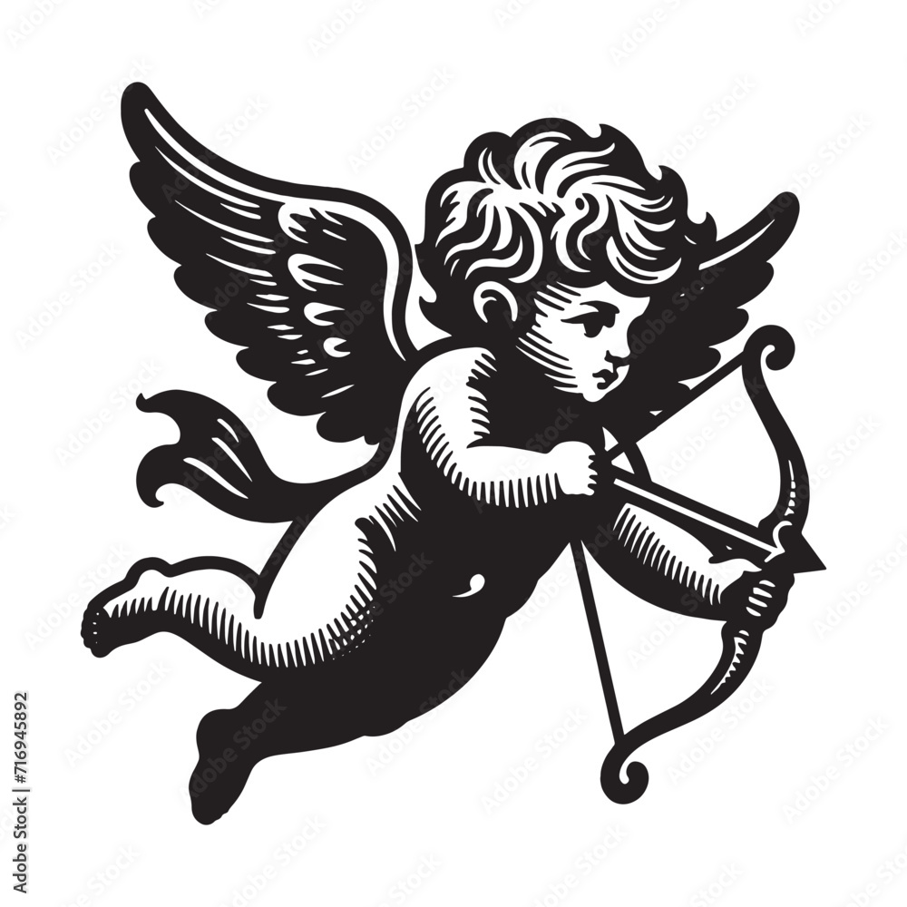 Cute antique cupid shooting from a bow. Black vintage Engraving vector ...