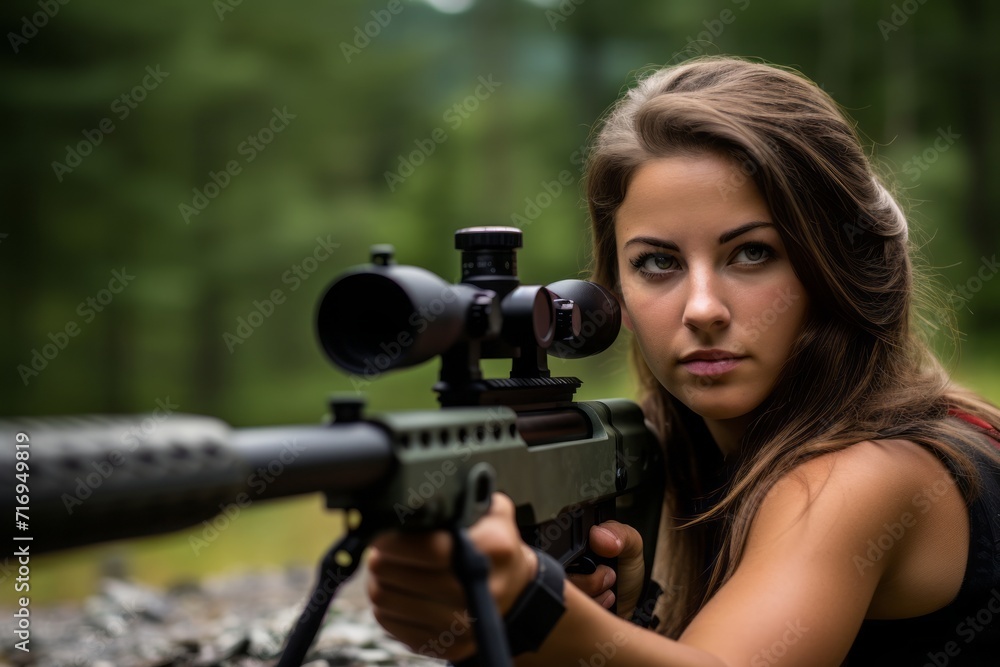 Portrait of a serious girl in her 20s practicing target shooting ...