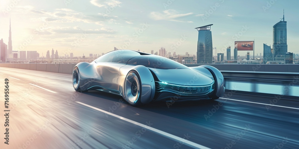 Futuristic EV car with motion lighting on highway with full self ...