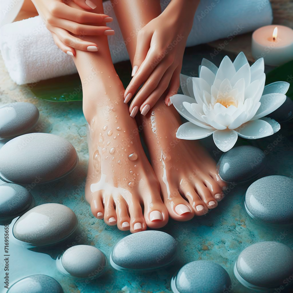 Closeup photo of beautiful female feet with pedicure in spa salon ...