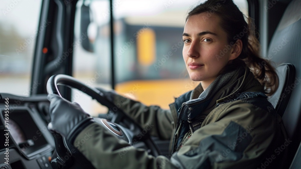 Professional female bus driver behind steering wheel. Gender equality ...