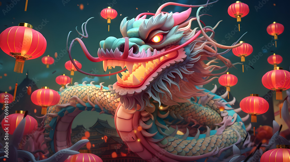 3D Dragon Illustration with Lanterns. 2024 Year of the Dragon. Chinese ...