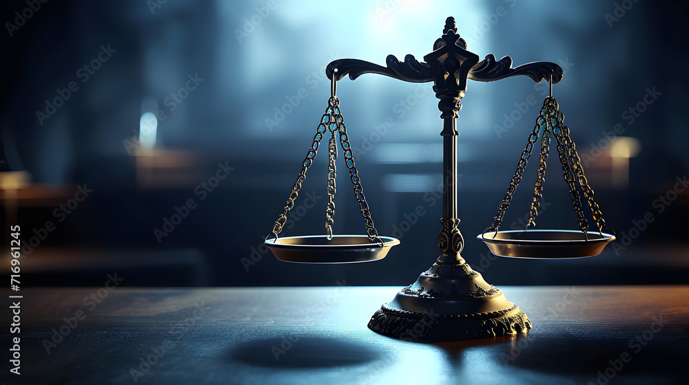 Scales of Justice in the dark Court Hall. Law concept of Judiciary ...