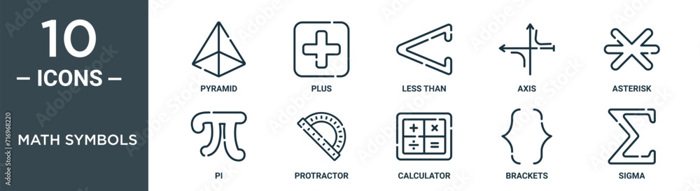 math symbols outline icon set includes thin line pyramid, plus, less ...